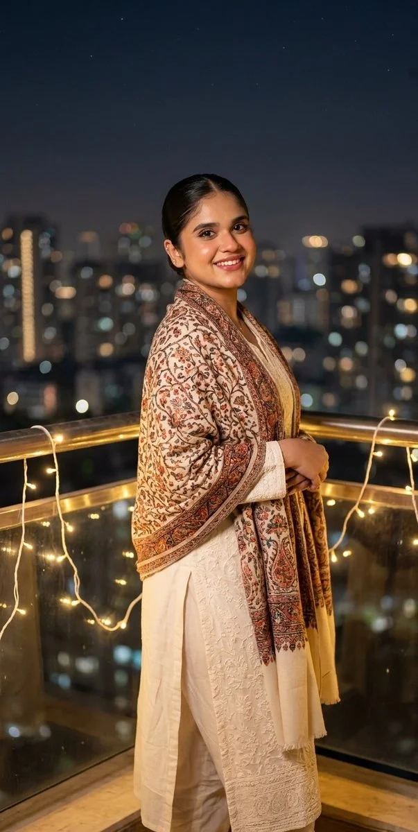A graceful woman in Kashmiri shawl glows under city lights | OpenPromptLib