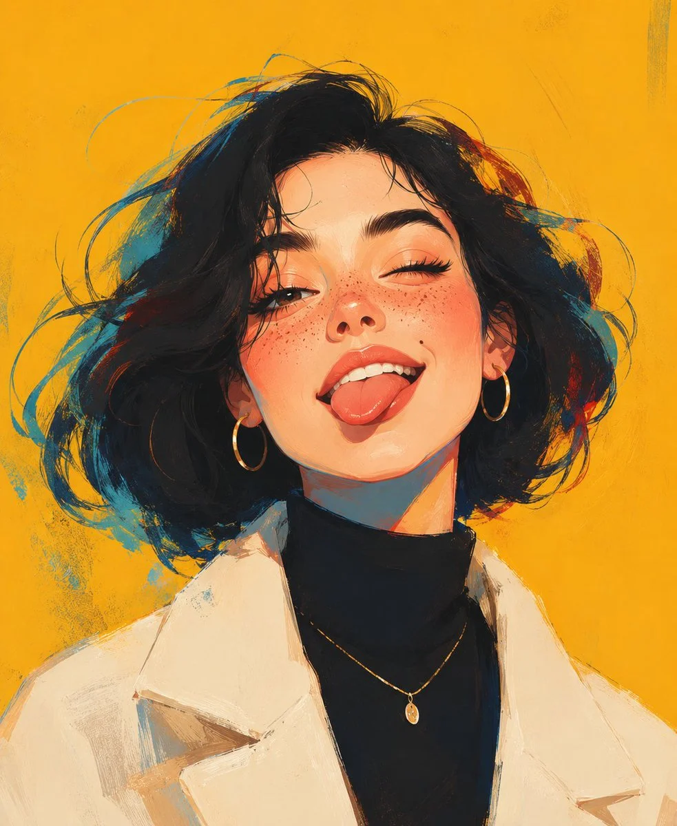 A playful girl with messy black hair winks and sticks out her tongue ...