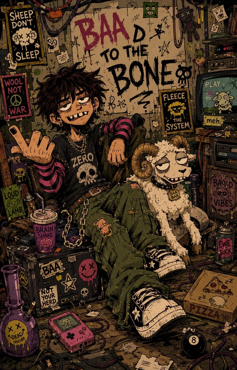 A punk cat and a grumpy teen hang in a chaotic alley | OpenPromptLib