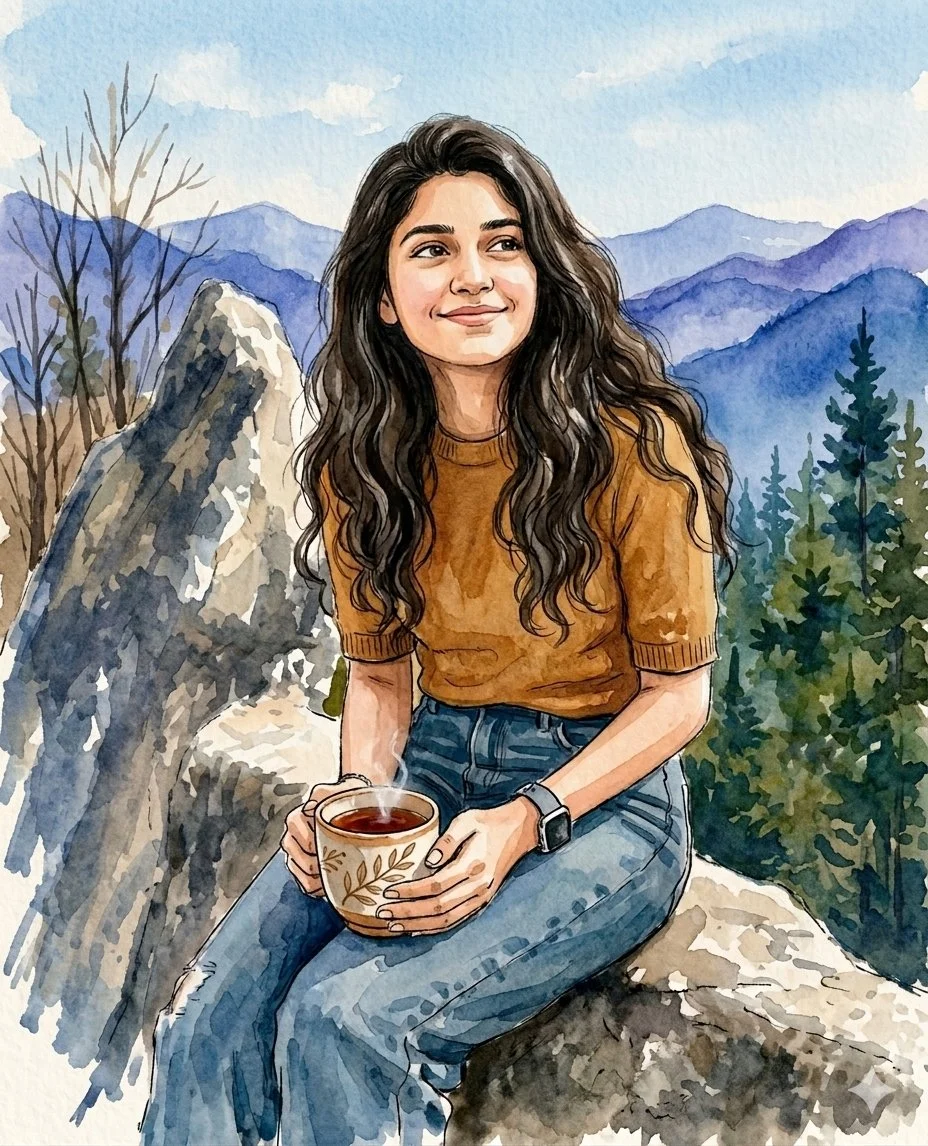 A woman in mustard sweater smiles at mountain sunrise | OpenPromptLib
