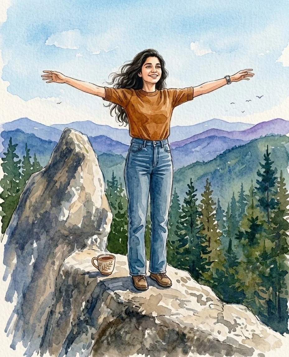 A woman in mustard sweater smiles at mountain sunrise | OpenPromptLib