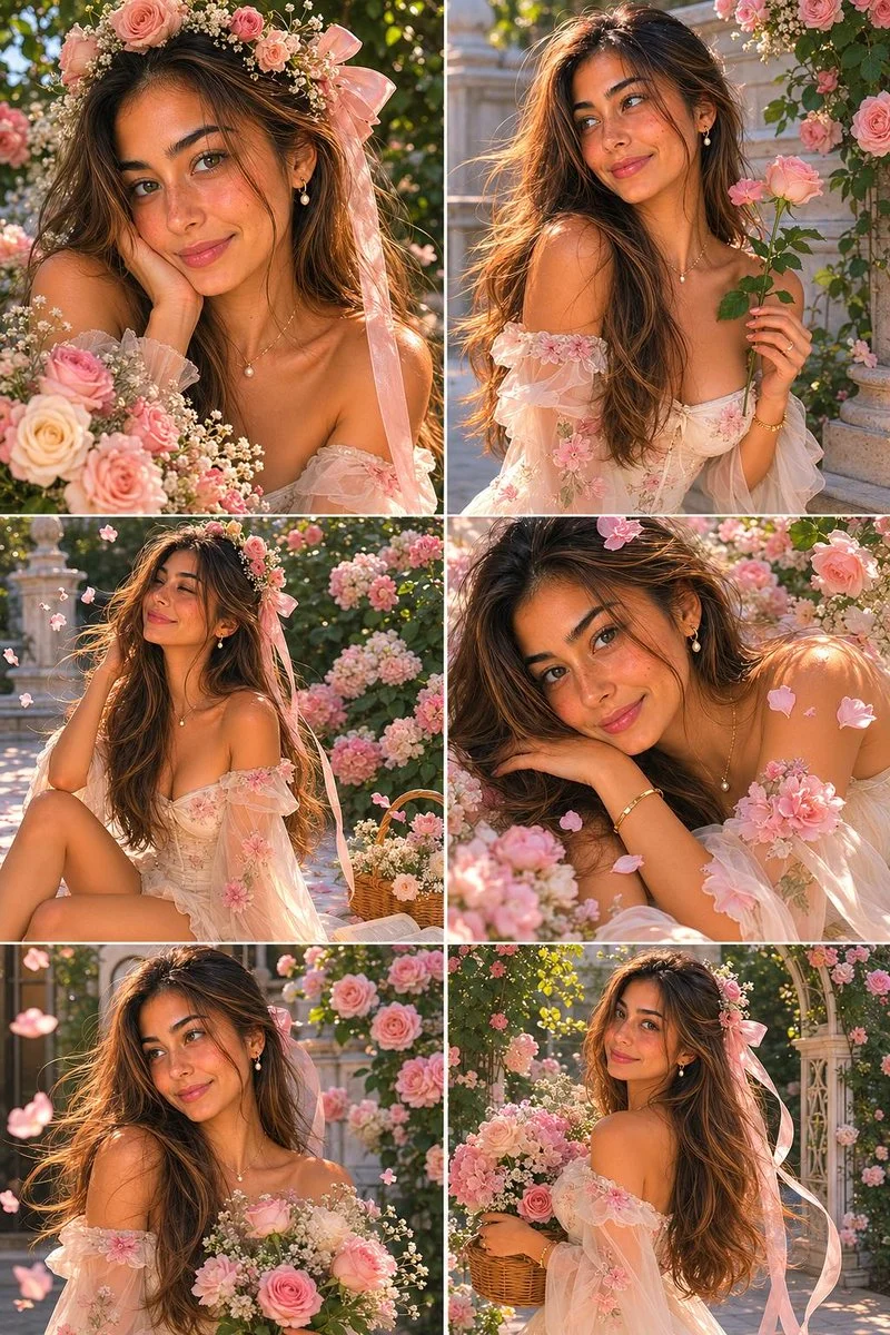 A young woman poses with a flower crown in a dreamy garden | OpenPromptLib