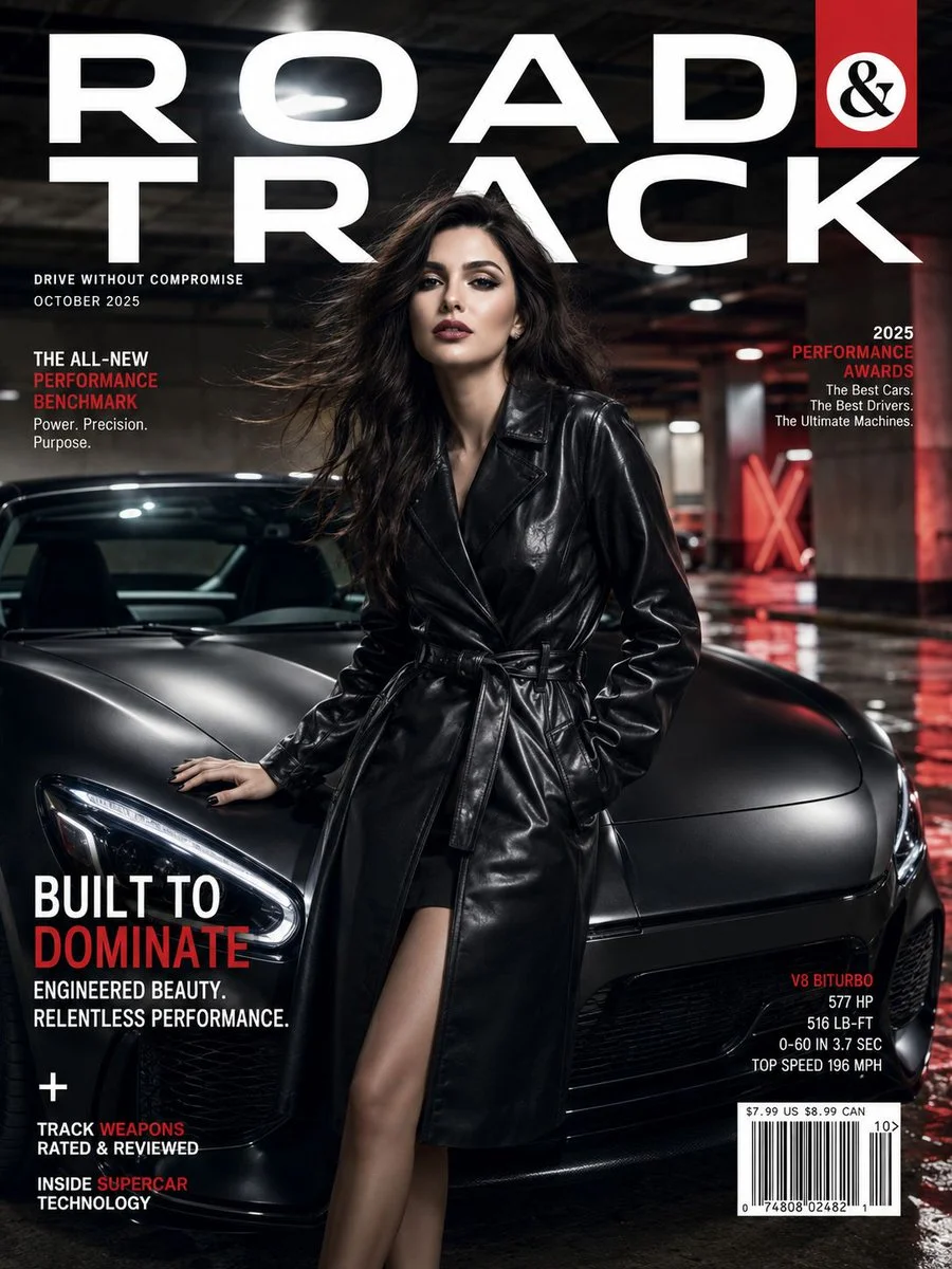 Confident model leans on matte-black coupe in moody garage | OpenPromptLib