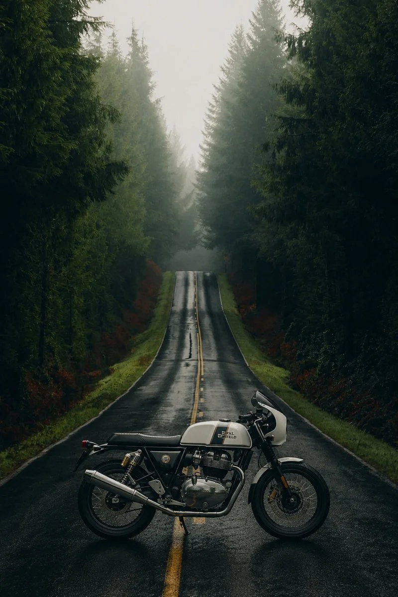White Royal Enfield GT 650 centers wet road through misty pine forest ...