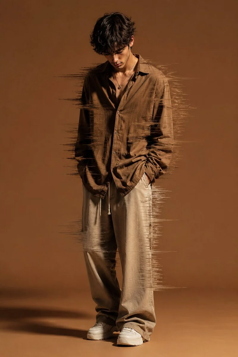 Young man in oversized shirt poses with dramatic glitch smear effect ...